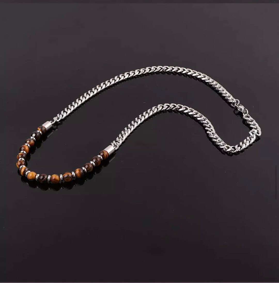 Tiger’s Eye Men’s Necklace, Stainless Steel Cuban Chain, Lapis Lazuli ...