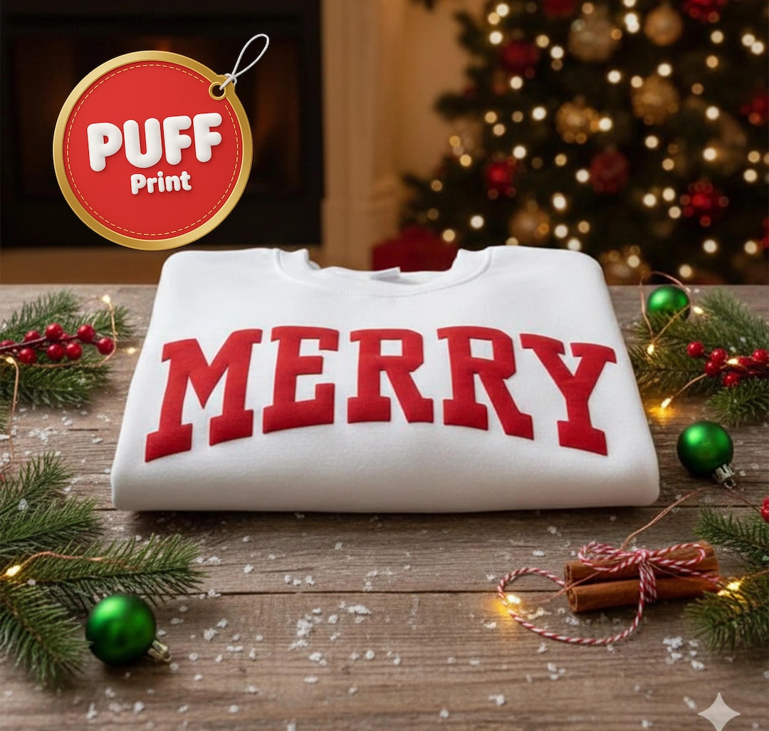 Merry Puff Sweatshirt, Embossed Christmas Crewneck, Merry Christmas ...