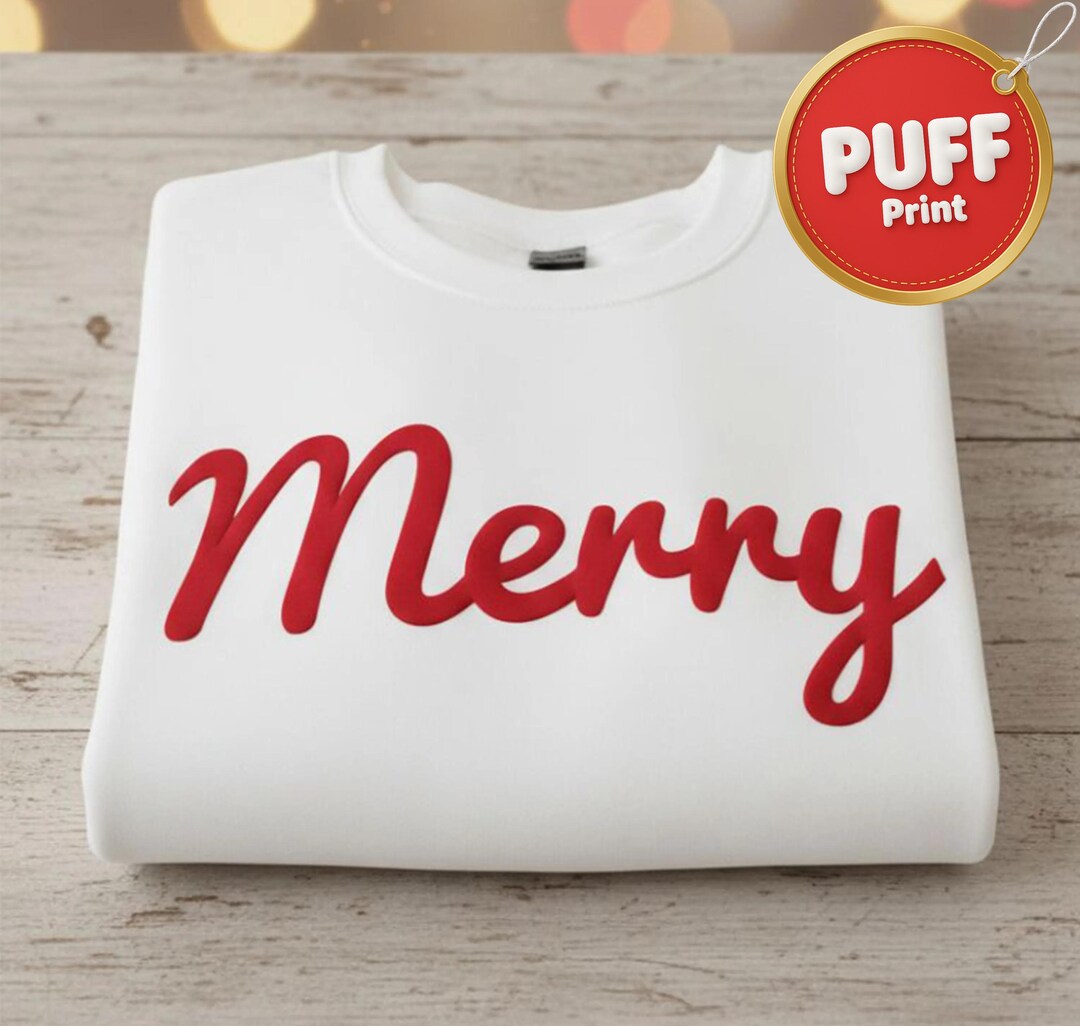 Merry Puff Sweatshirt, Embossed Christmas Crewneck, Merry Christmas ...