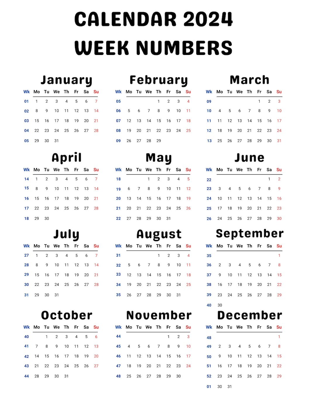 2024 Minimalist Year Calendar With Week Numbers - Etsy