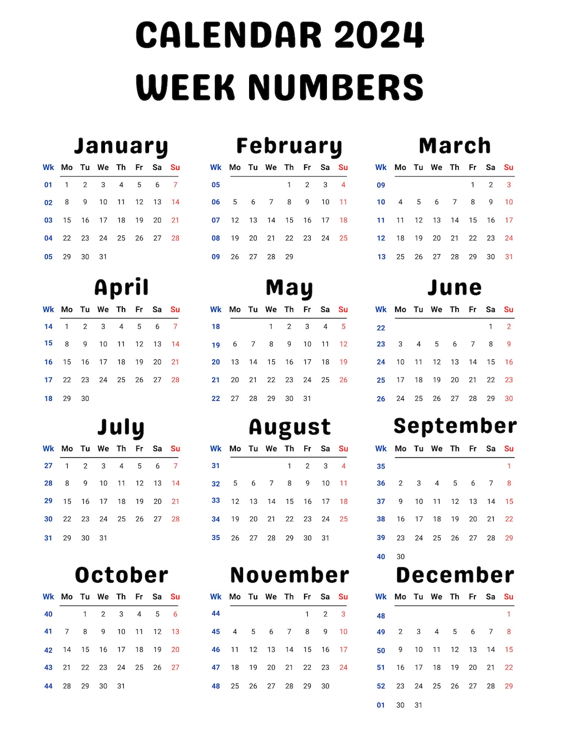 2024 Minimalist Year Calendar With Week Numbers - Etsy