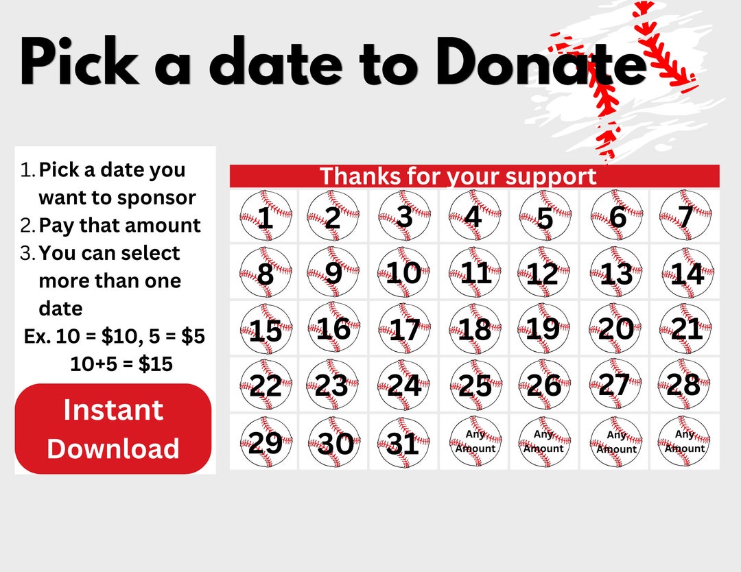 Baseball Pick a Date Fundraiser: PDF & PNG Files (instant Download) - Etsy