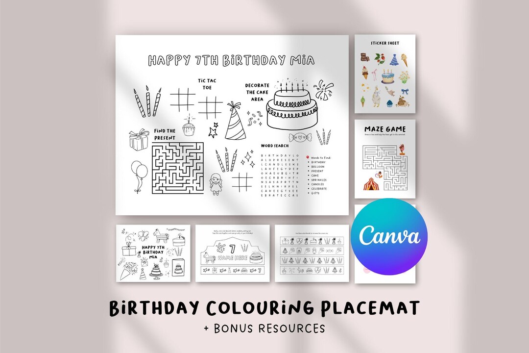 Personalized Birthday Coloring Placemat – Kids Party Activity Sheet ...