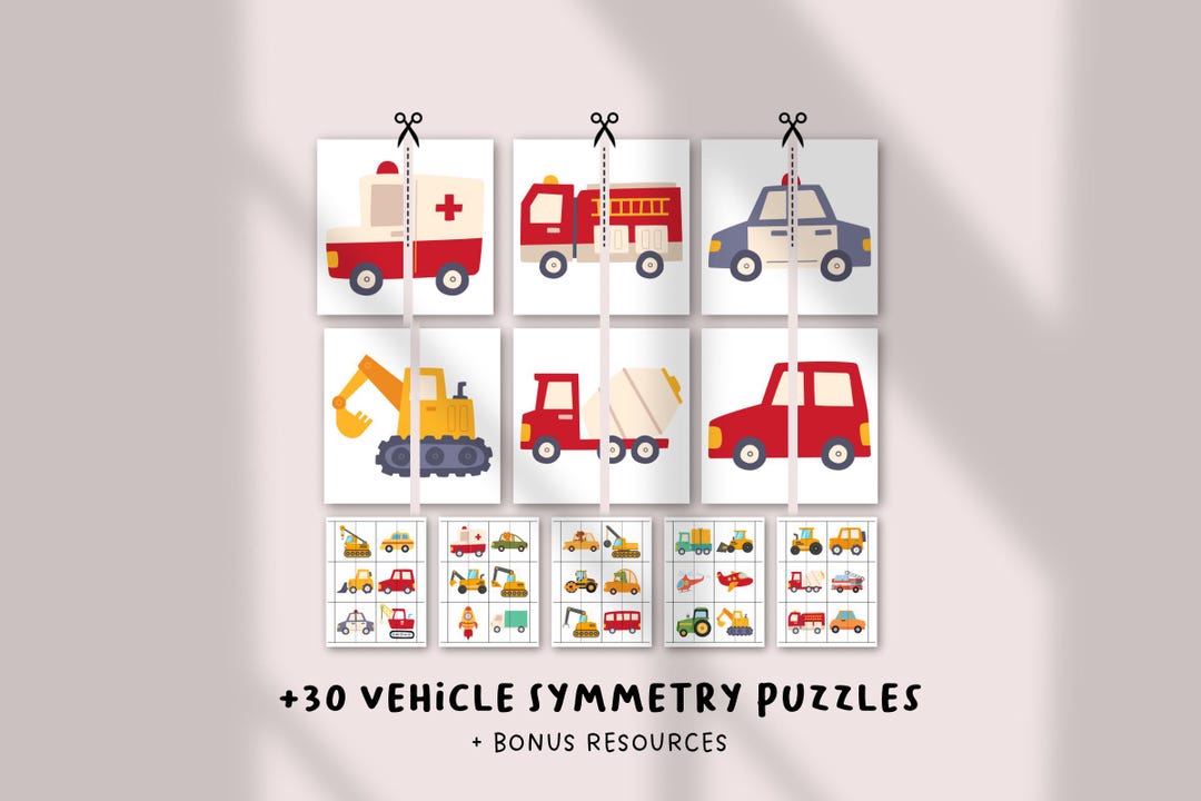 30+ Vehicle Symmetry Puzzles | Transportation Matching Game | Printable ...