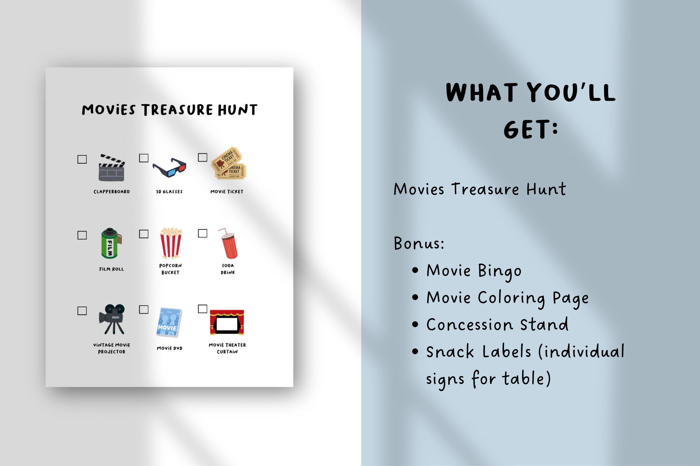 Movie Night Treasure Hunt for Kids | Printable Movie Scavenger Hunt ...