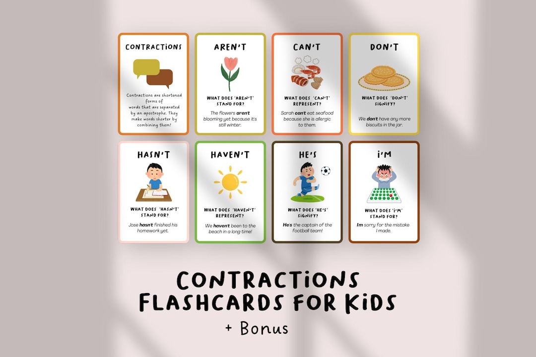 Contractions Flashcards for Kids | Grammar Learning Cards | English ...