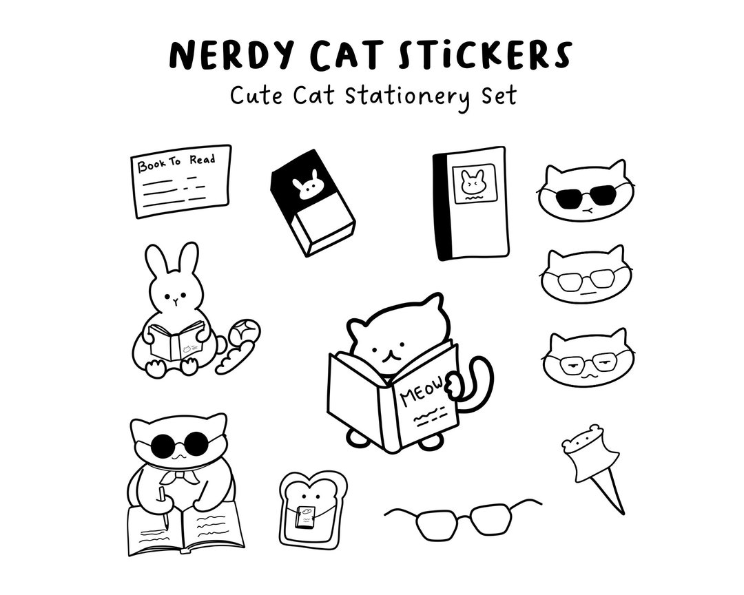 Nerdy Cat Stickers Cute Cat Stationery Set Printable PDF and PNG Nerd ...