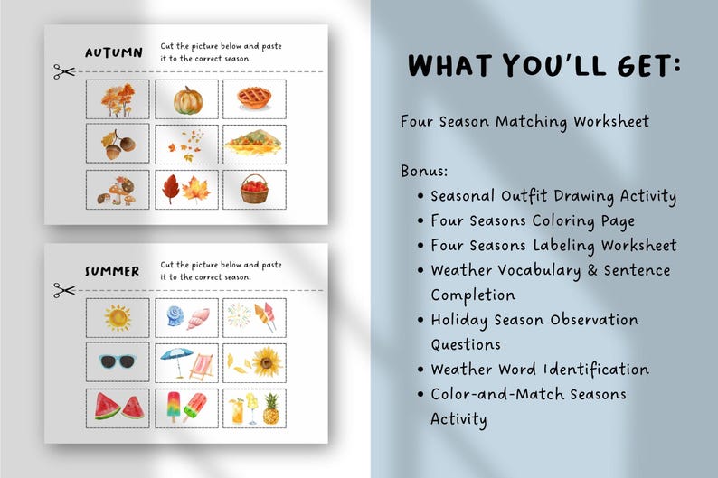 Four Seasons Matching Worksheet for Kids | Printable Weather & Seasons ...