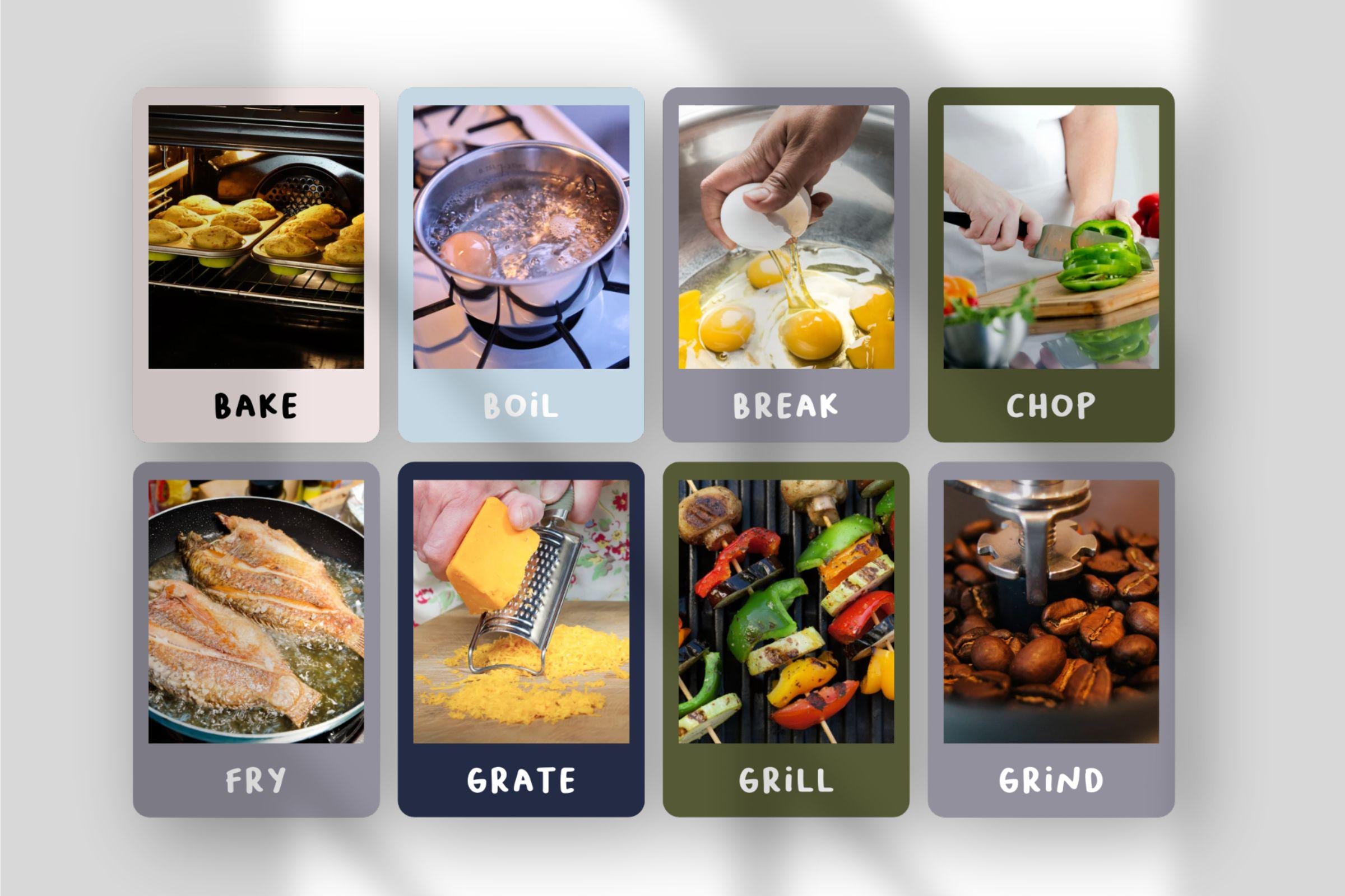 Cooking Verbs Flashcards for Kids | Printable Food & Kitchen Vocabulary ...