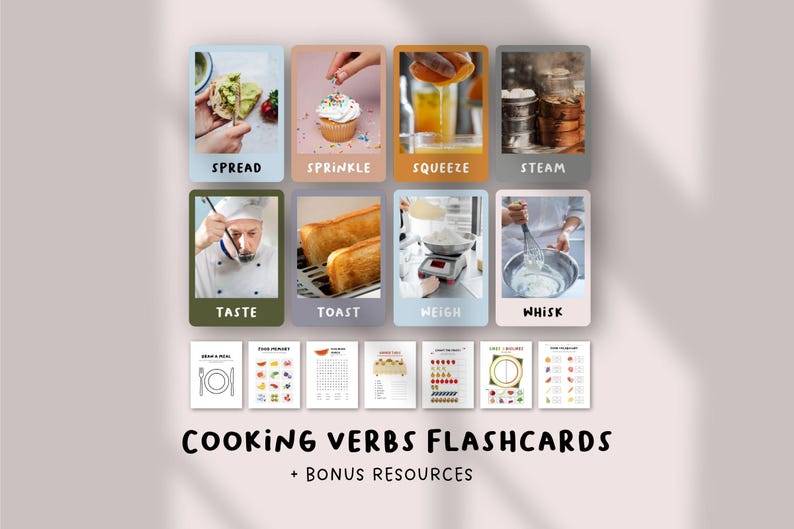 Cooking Verbs Flashcards for Kids | Printable Food & Kitchen Vocabulary ...