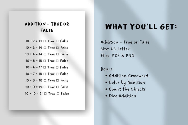 Addition True or False Worksheet | Kindergarten Math Printable ...