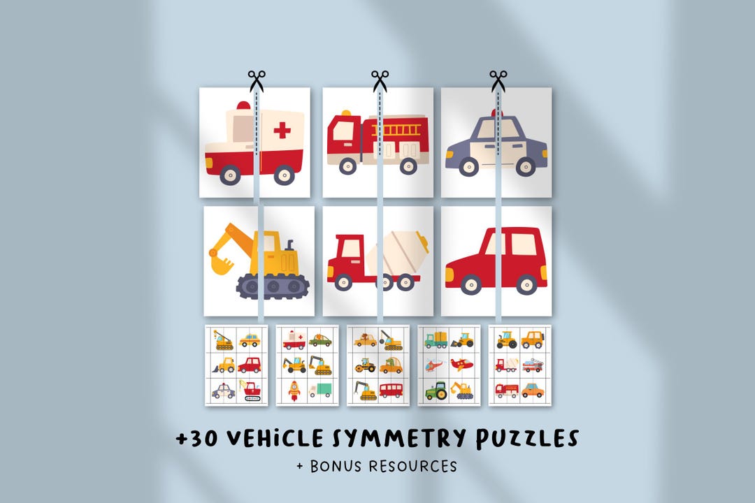 30+ Vehicle Symmetry Puzzles | Transportation Matching Game | Printable ...