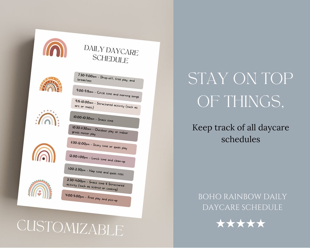 Boho Rainbow Daily Daycare Schedule Template | Editable Printable - Etsy