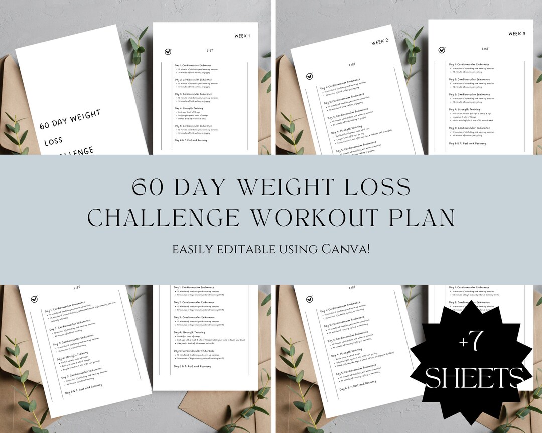 60 Day Weight Loss Challenge Workout Plan Edit With Canva - Etsy