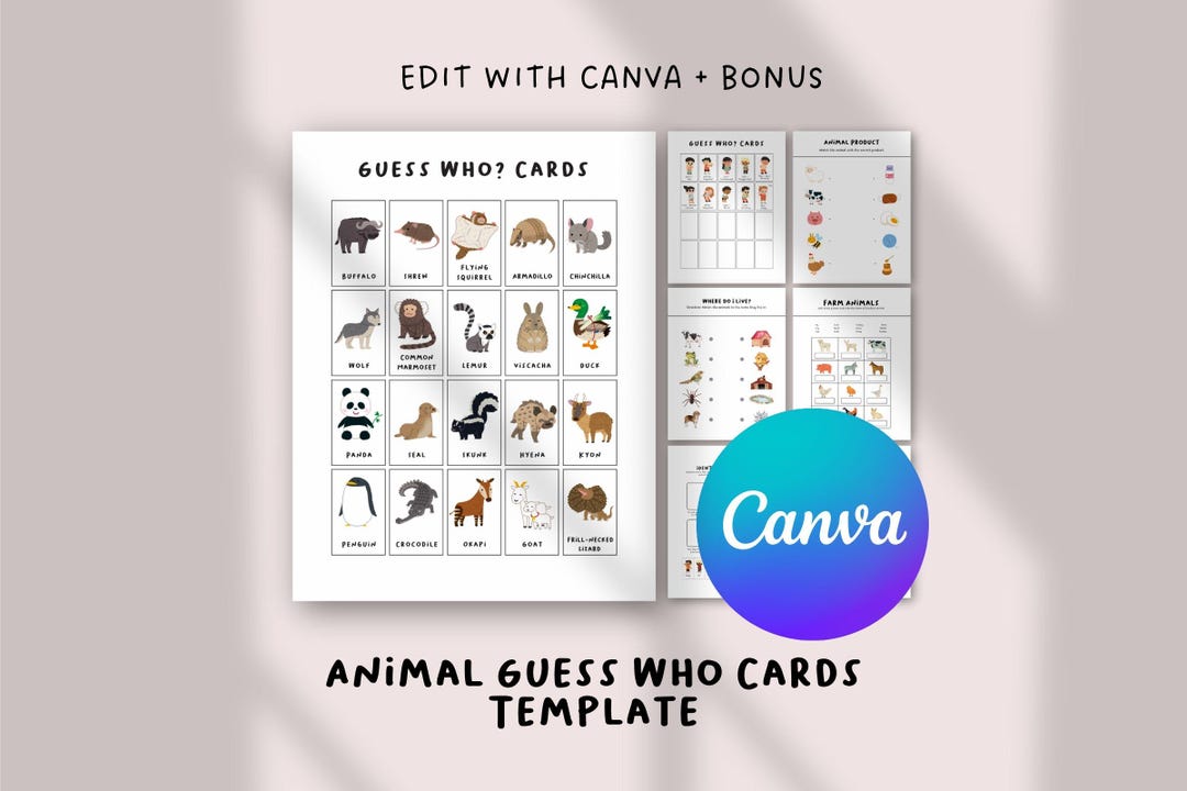 Animal Guess Who Game Template | Printable Editable Canva Animal Game ...