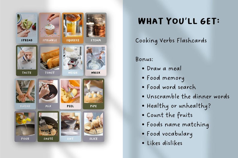 Cooking Verbs Flashcards for Kids | Printable Food & Kitchen Vocabulary ...