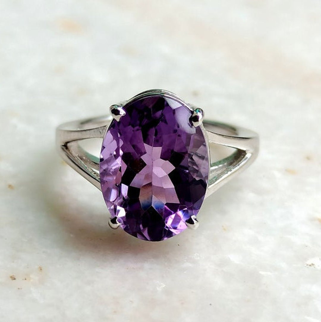 Natural Amethyst Ring Oval Astrological Ring Gemstone 925 Sterling ...