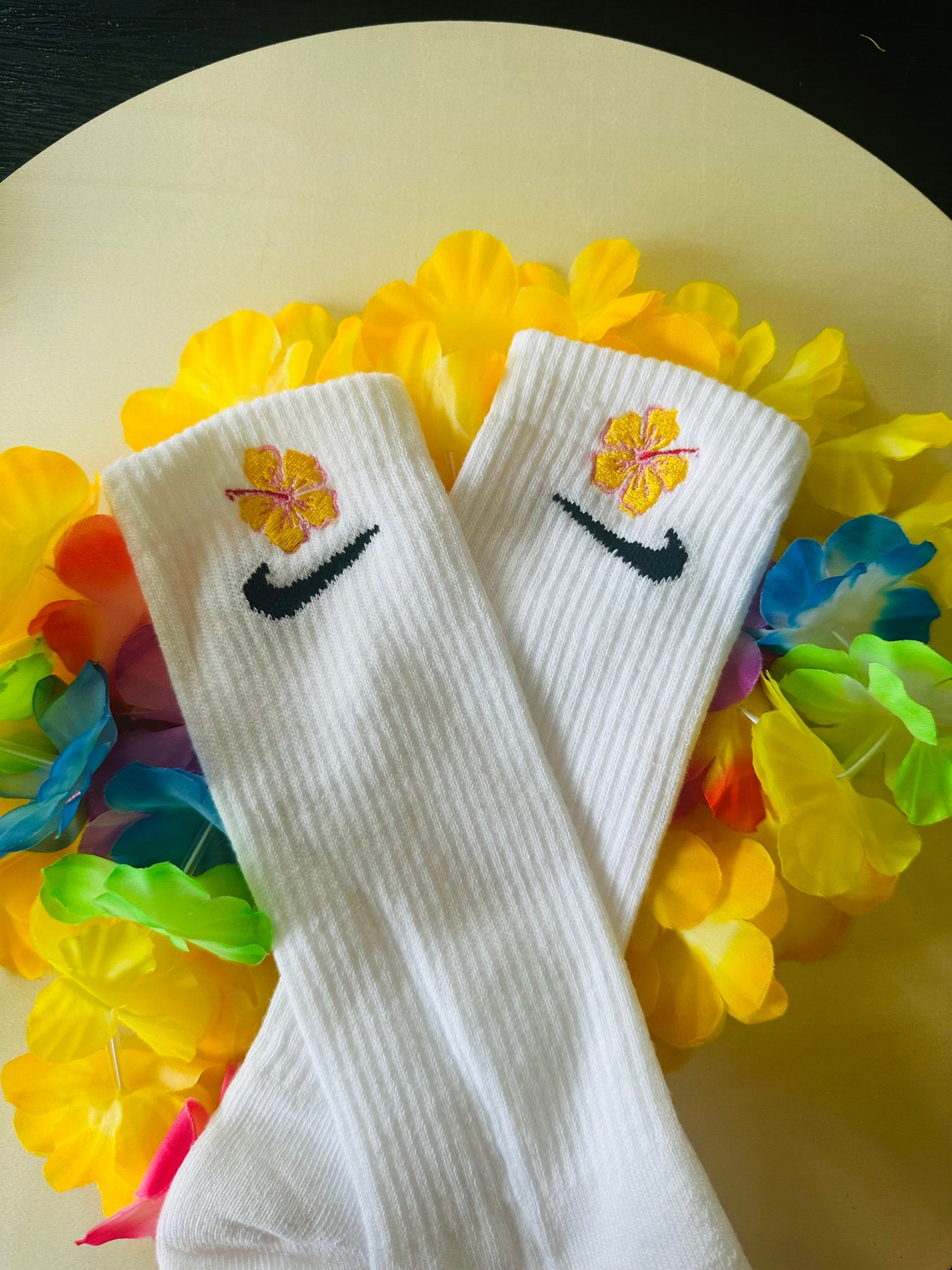 Hibiscus Hawaiian Floral Embroidery | Flower Socks | Custom Crew Socks ...