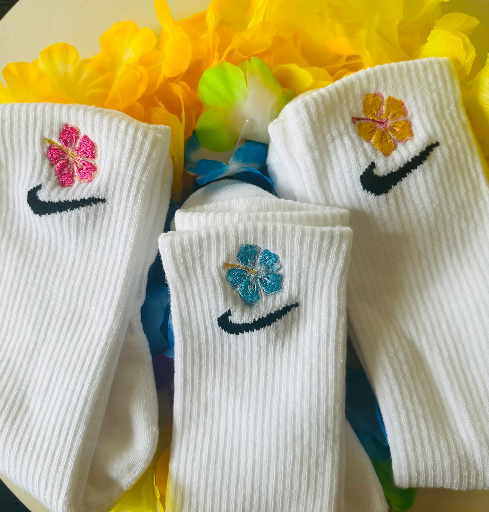 Hibiscus Hawaiian Floral Embroidery | Flower Socks | Custom Crew Socks ...