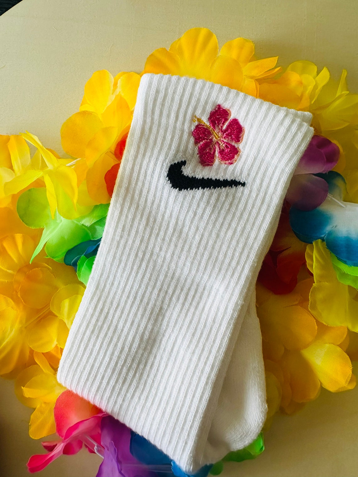 Hibiscus Hawaiian Floral Embroidery | Flower Socks | Custom Crew Socks ...