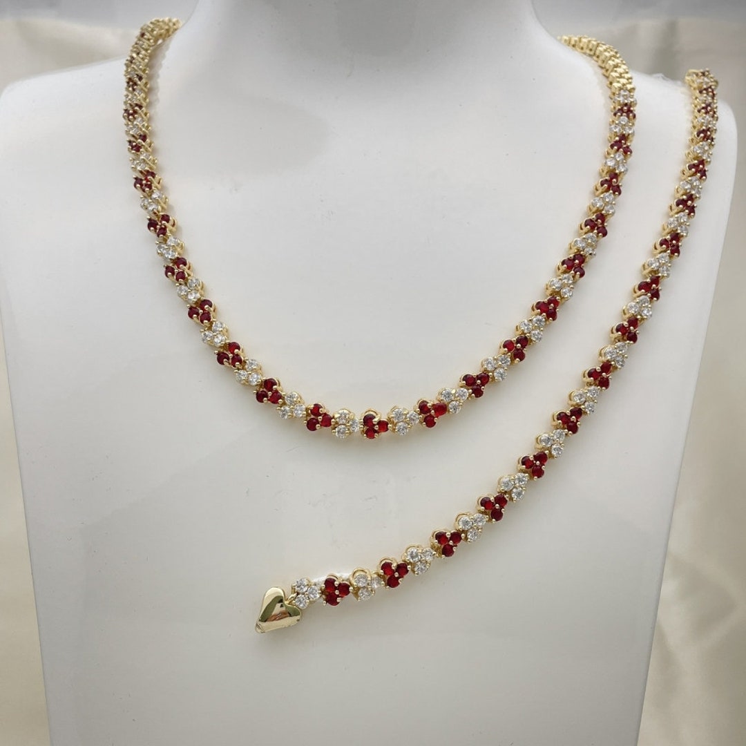 Chunky Gold Necklace & Bracelet Ruby Stone Color Set Gift for Her. 14K ...