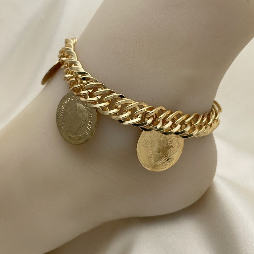 12 MM Gold Anklet - Double Curb Chain W/ Coin Charm Handmade With the ...