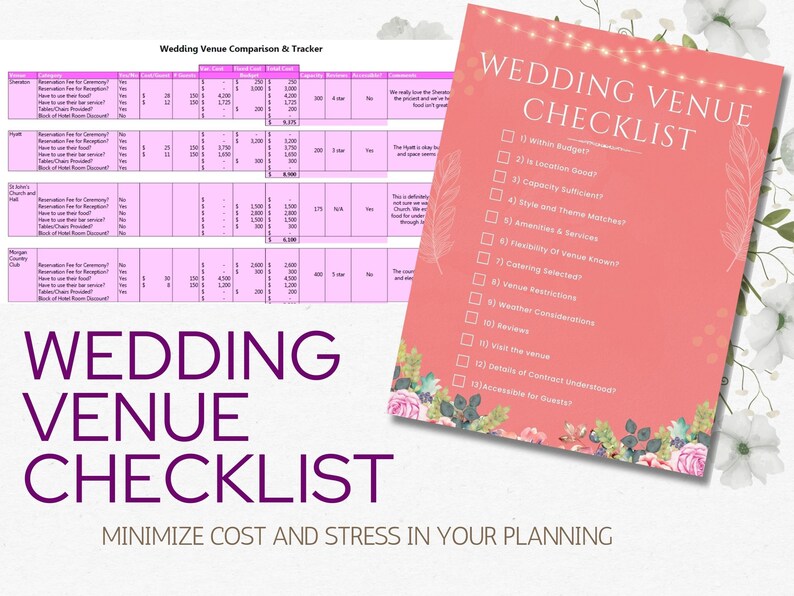 Wedding Venue Checklist Printable and Worksheet, Google Sheets, Planner ...