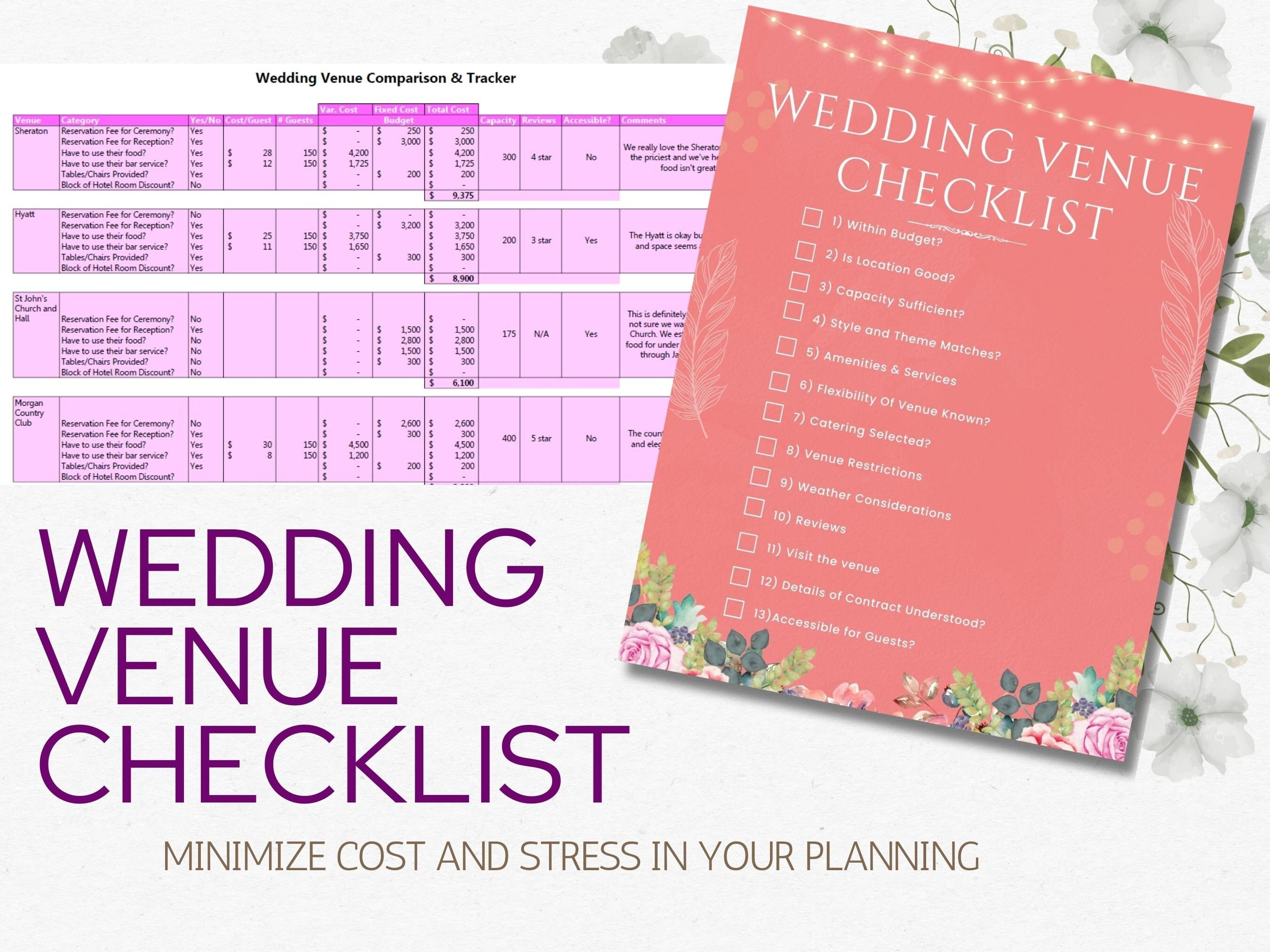 Wedding Venue Checklist Printable and Worksheet, Google Sheets, Planner ...