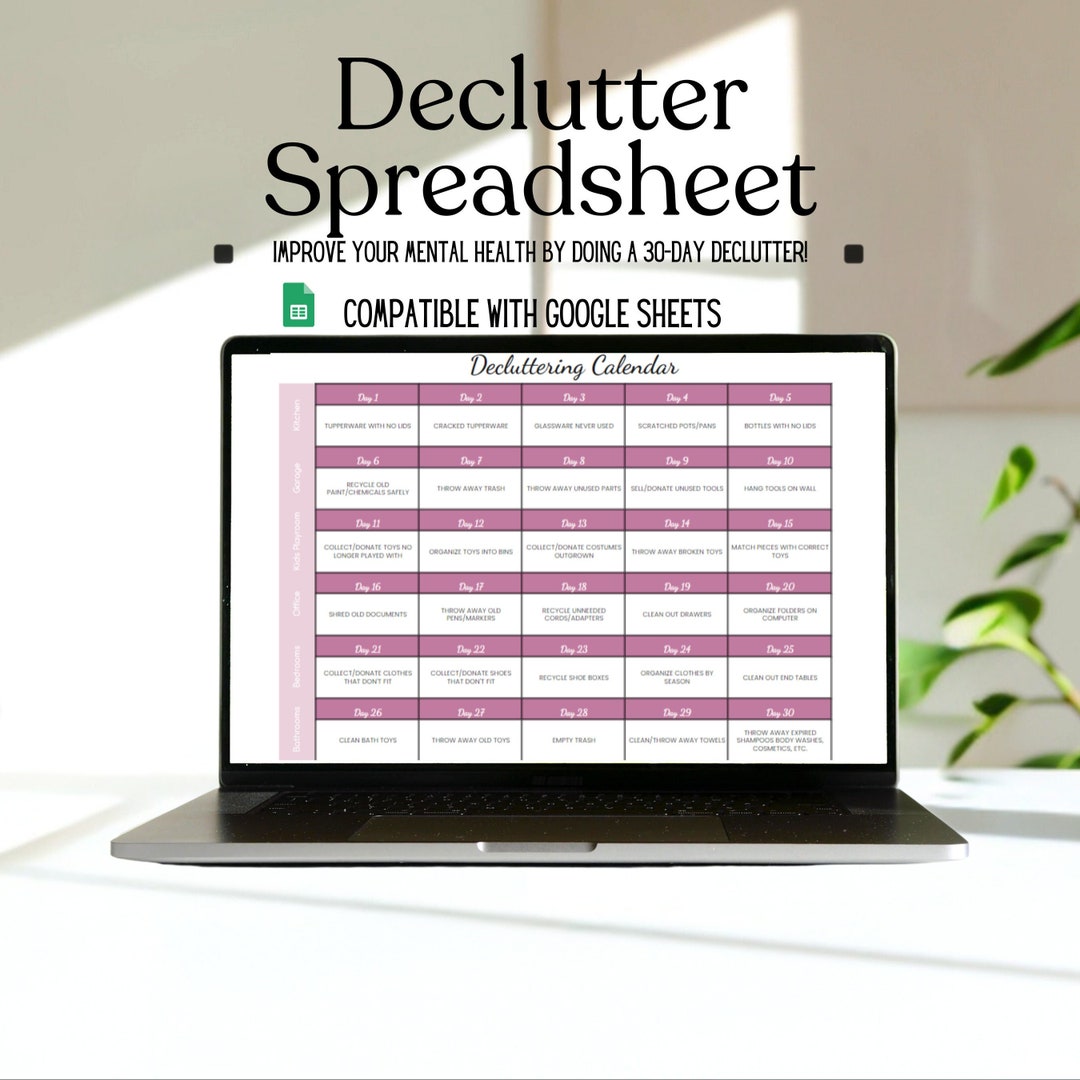 Decluttering Spreadsheet, House Cleaning Template, 30 Day Declutter ...