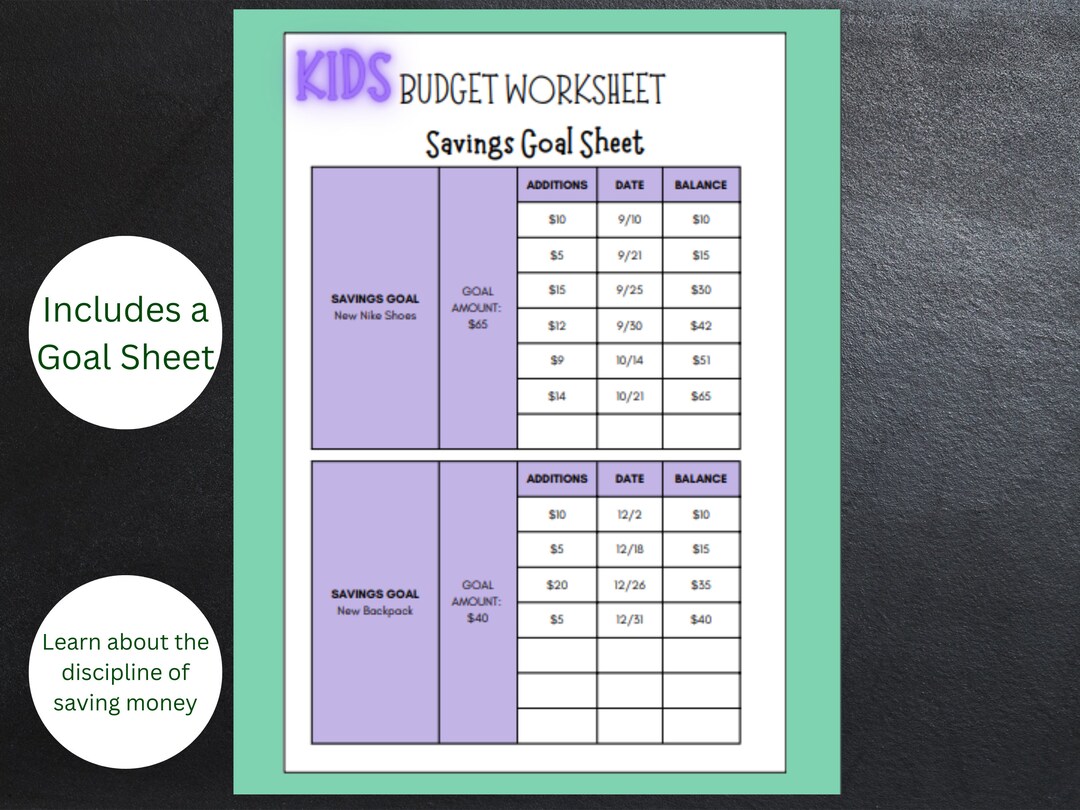 Kids Budgeting Worksheet, Savings Goal Worksheet, Kid Allowance Tracker ...