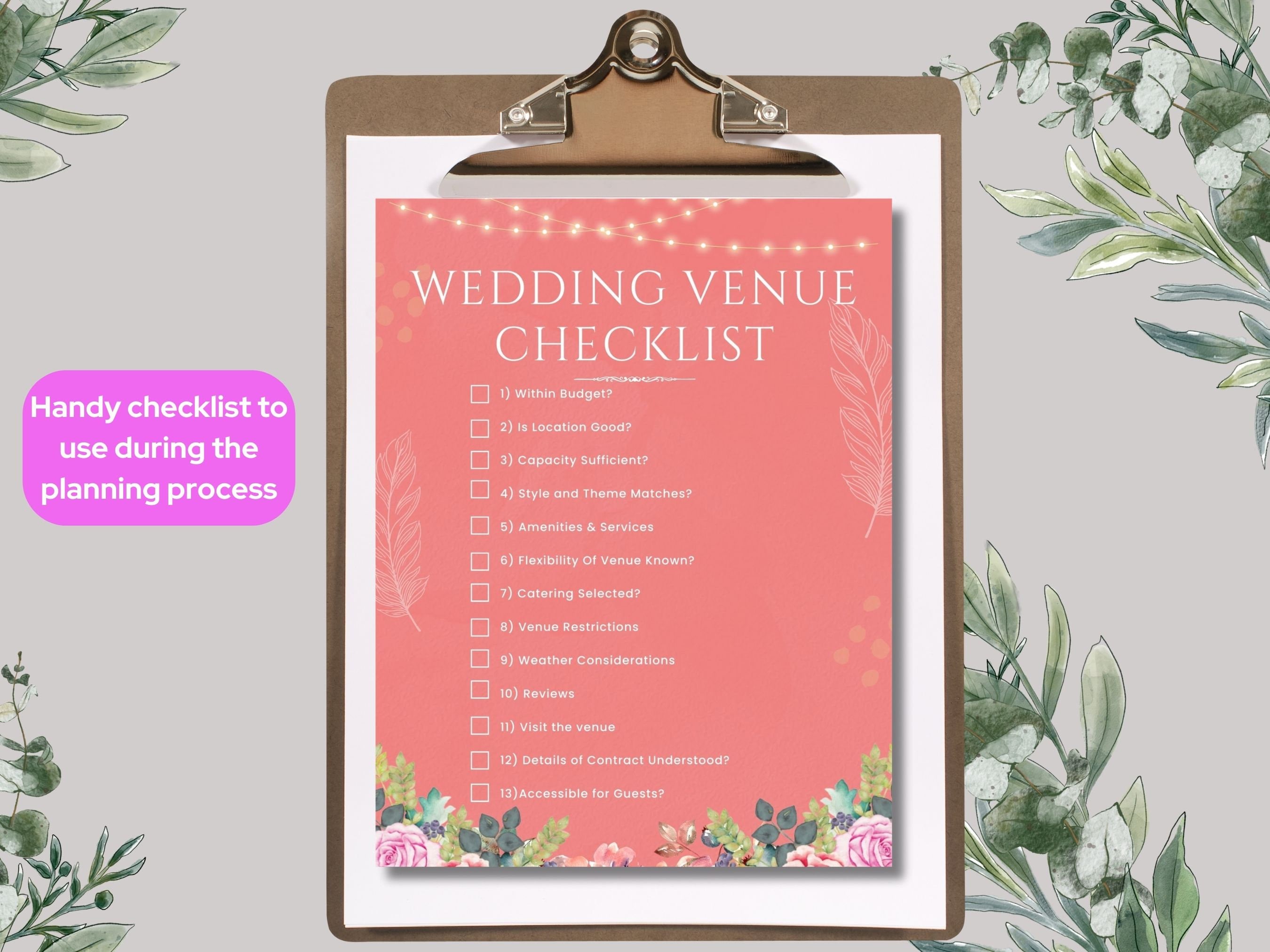 Wedding Venue Checklist Printable and Worksheet, Google Sheets, Planner ...