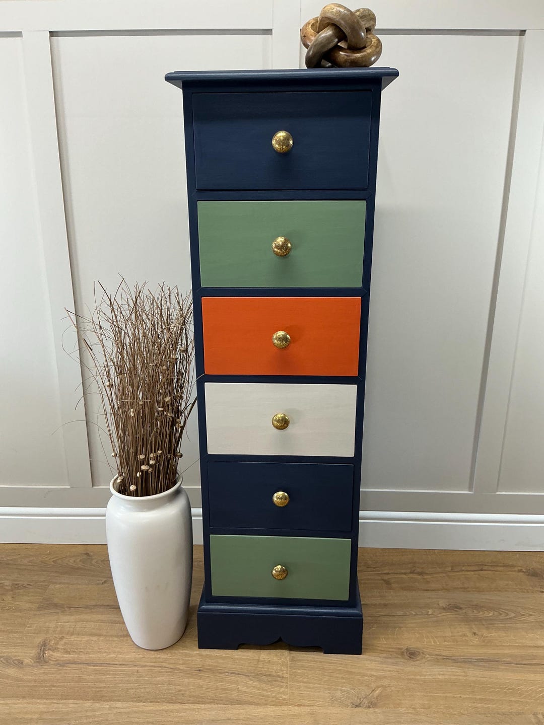 Slim Tall Boy Chest of Drawers With Multi Coloured Drawers and Brass ...