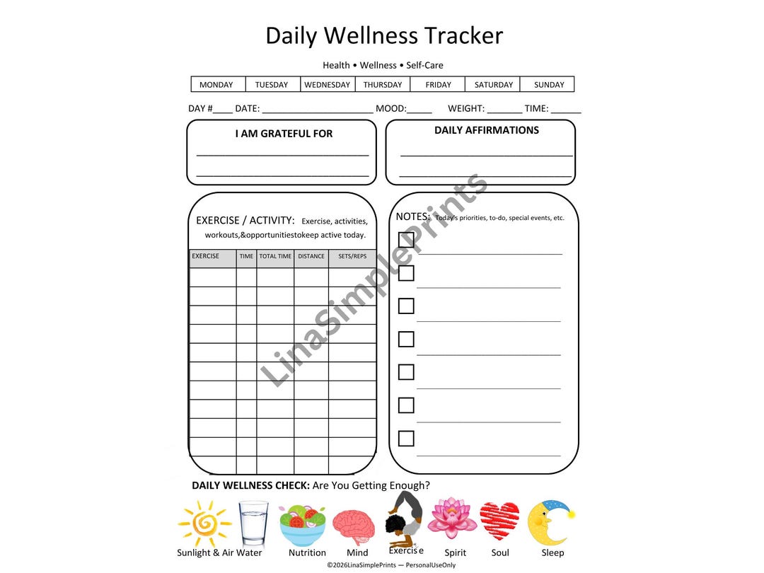 Daily Wellness Tracker Printable, Self Care Planner, Habit Tracker ...