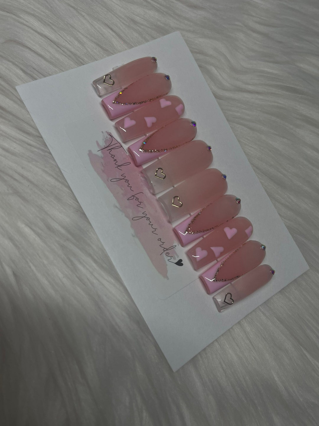 Pink V French Tip W/ Pink & Gold Hearts Acrylic Press on Nails - Etsy
