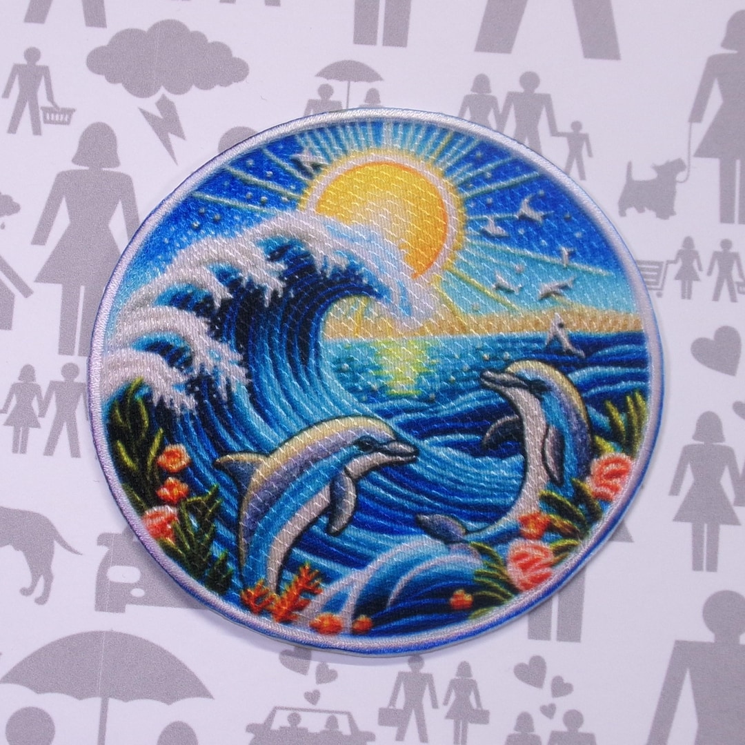 Retro Ocean Waves Dolphins Patch Iron-on/sew-on DIY Applique Clothing ...