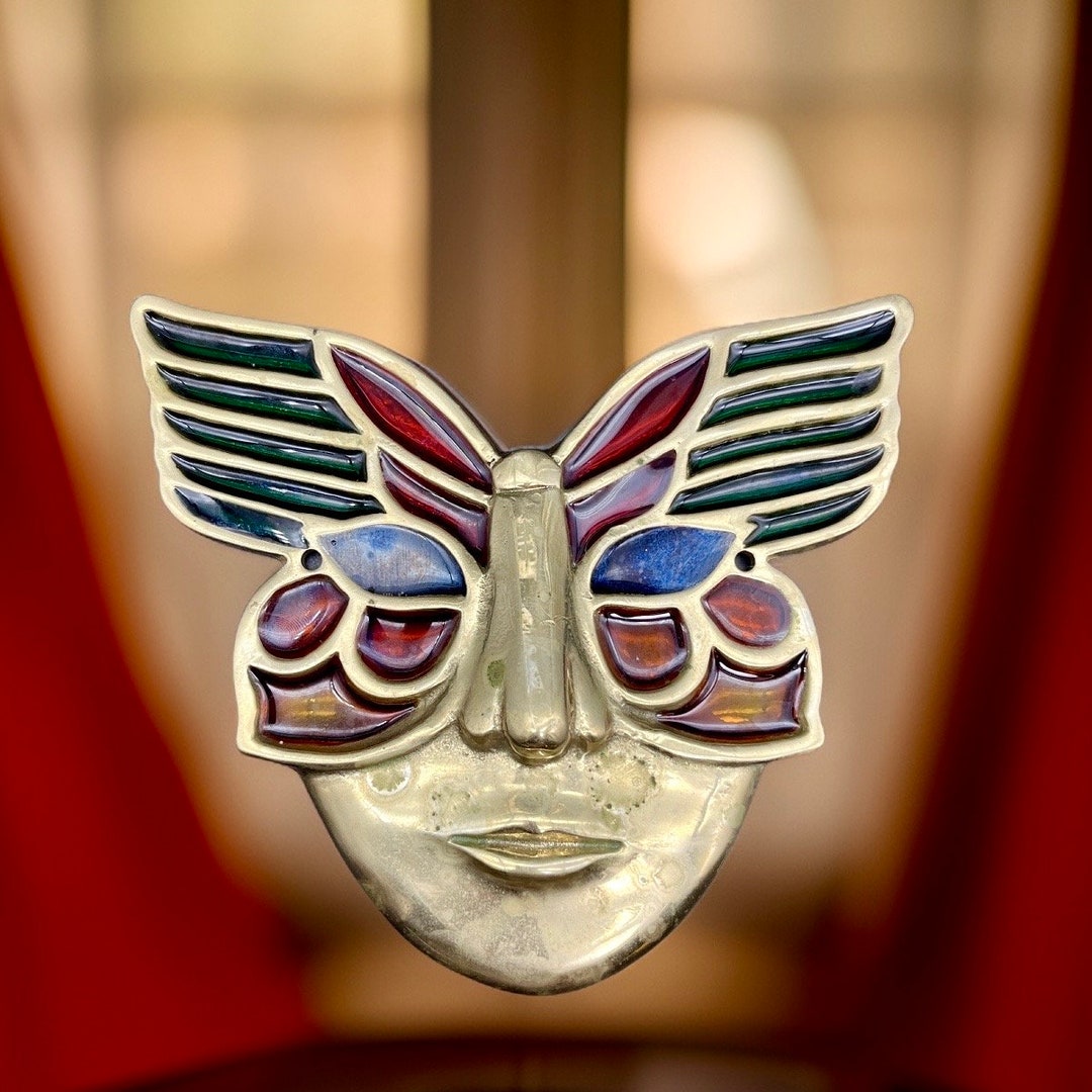 Stained Glass & Brass Butterfly Face Masks,1980s Enesco Glass Masks ...