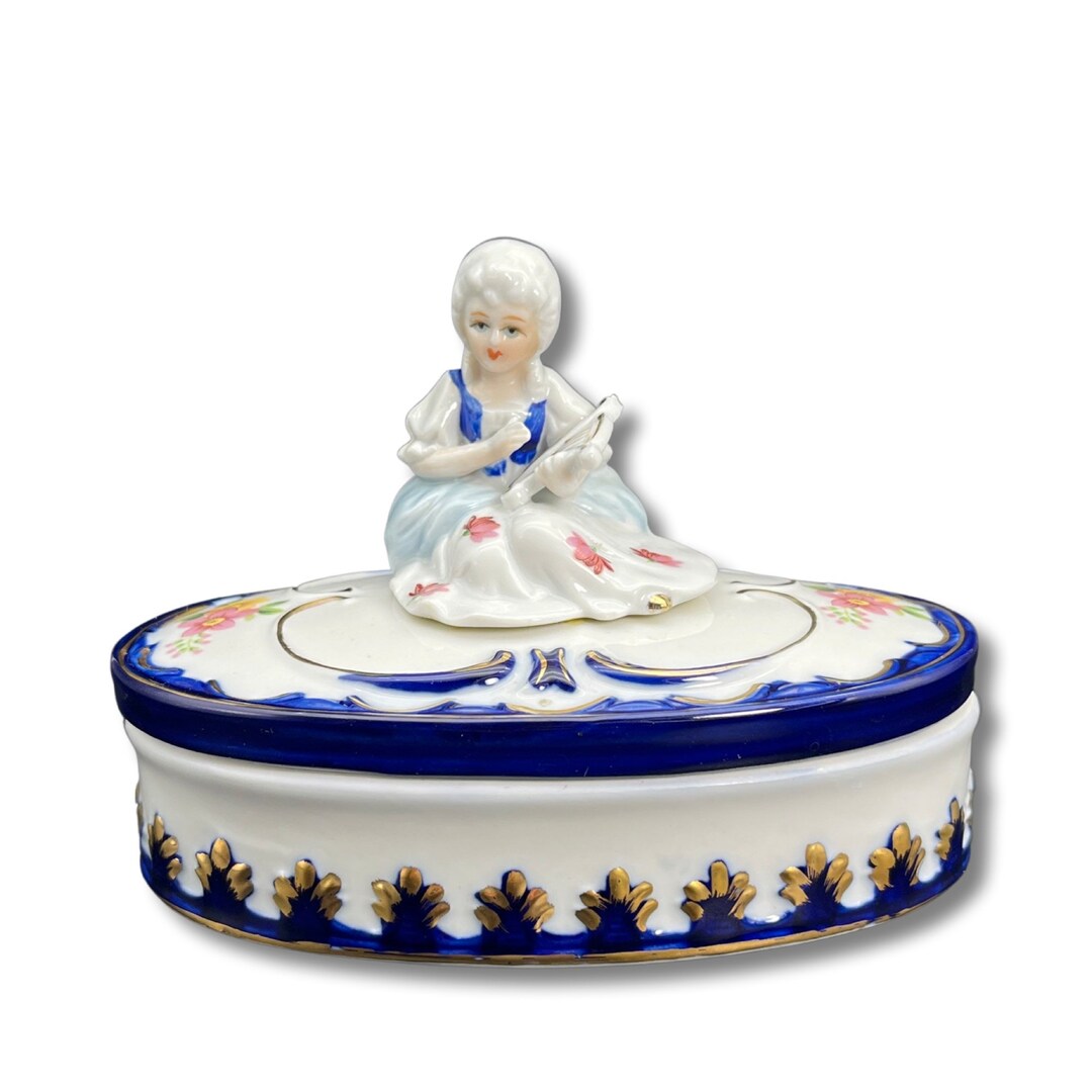 Antique Capodimonte Porcelain Oval Trinket Box, Girl Angelic Figure ...