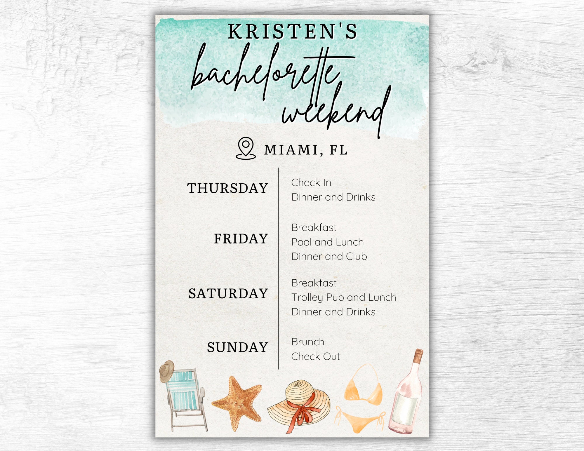 Bachelorette Itinerary Template Beach Bachelorette Itinerary Etsy