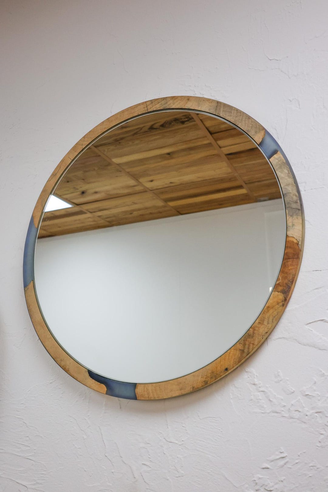 Resin Wooden Wall Mirror, Handmade Blue Epoxy Mirror, Large Round ...