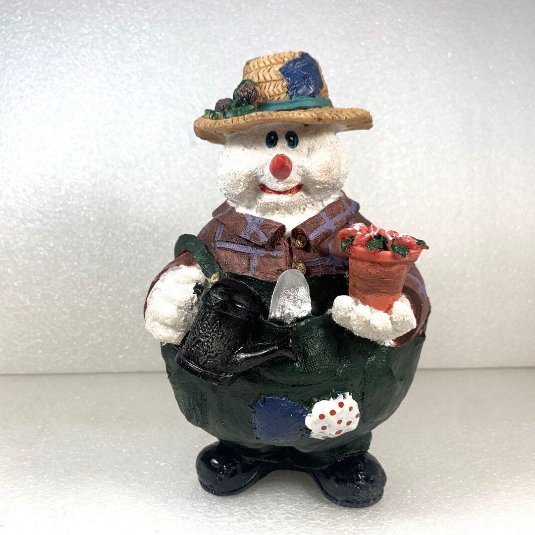 Vintage Christmas 9" Roly Poly Fat Snowman Gardener Garden Decor ...