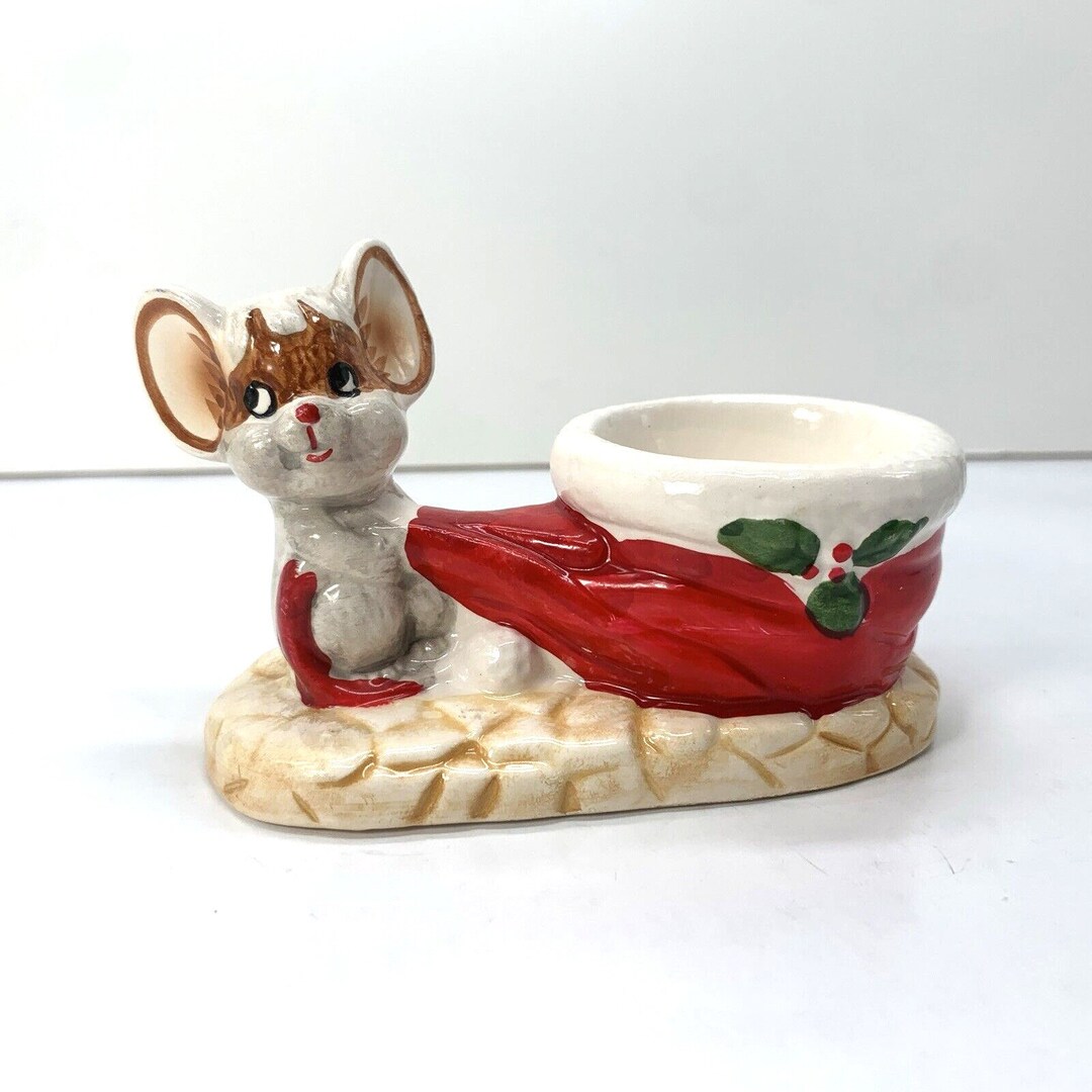 Vintage Christmas Mouse Mice Santa's Hat Votive Candle Holder Ceramic ...