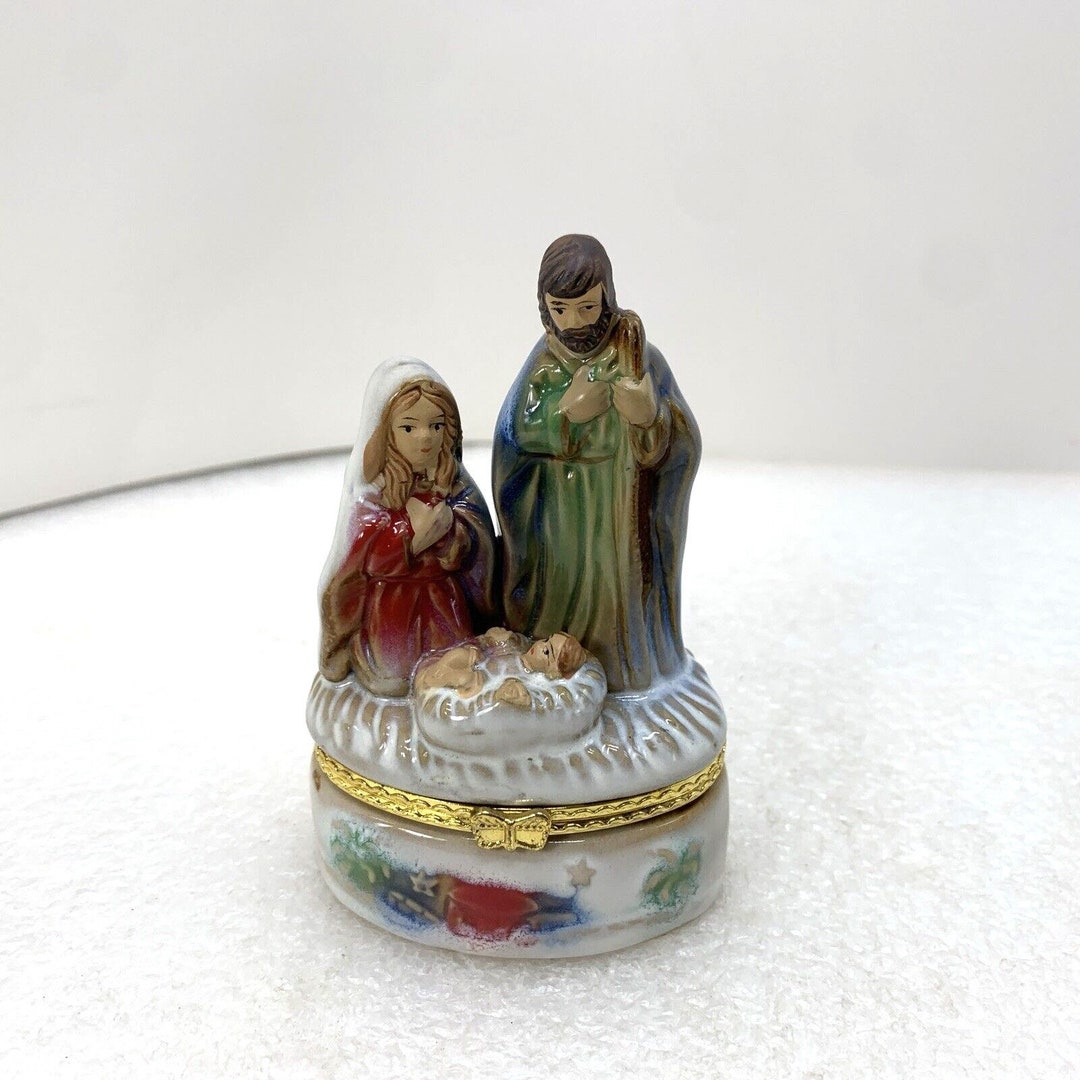 Christmas Nativity Ceramic Hinged Jewelry Trinket Box Pottery Jesus ...