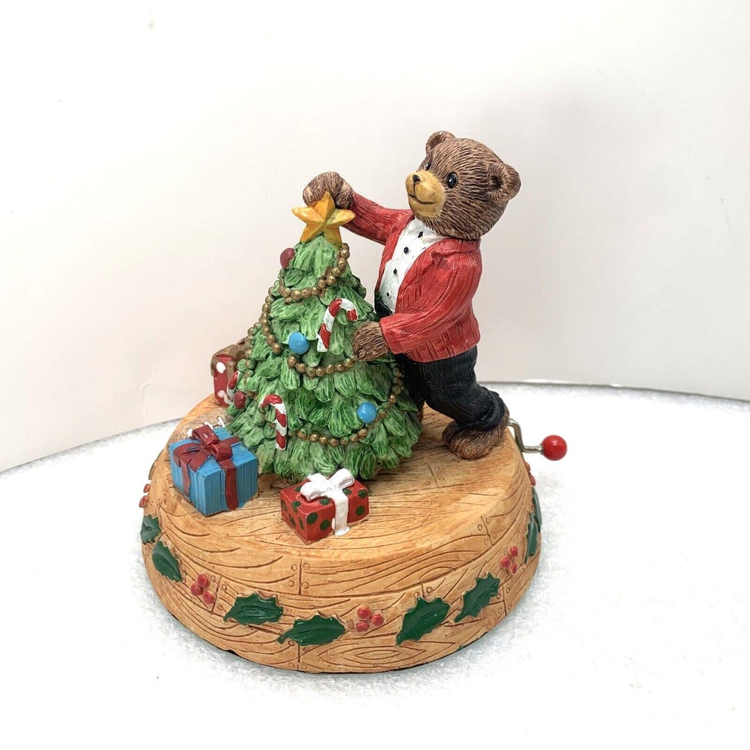 1994 Dakin Cuddles Bear Resin Manual Music Box Figurine, Christmas Tree ...