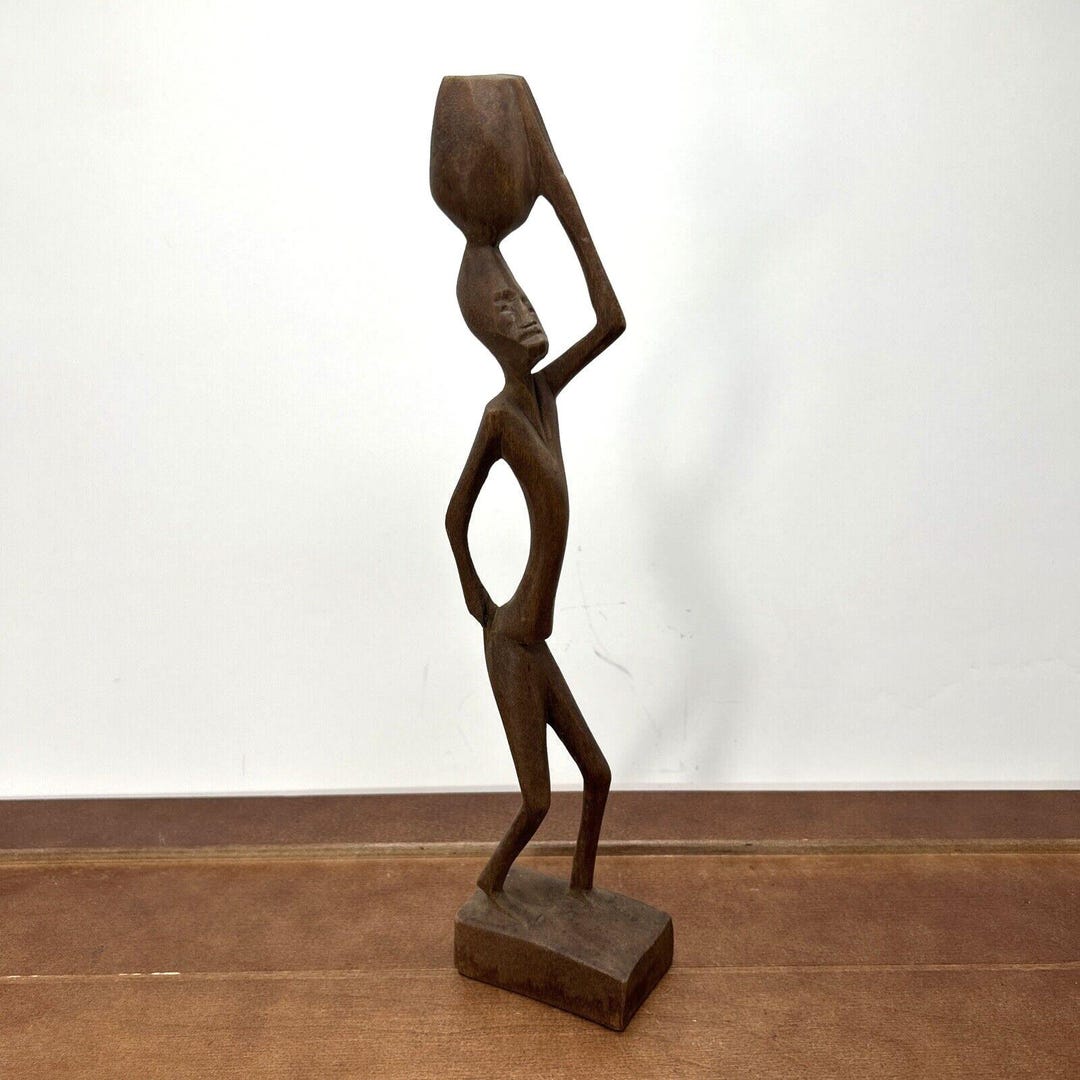 African Statue Carrying Water Bucket Carved Wood Figure Sculpture ...