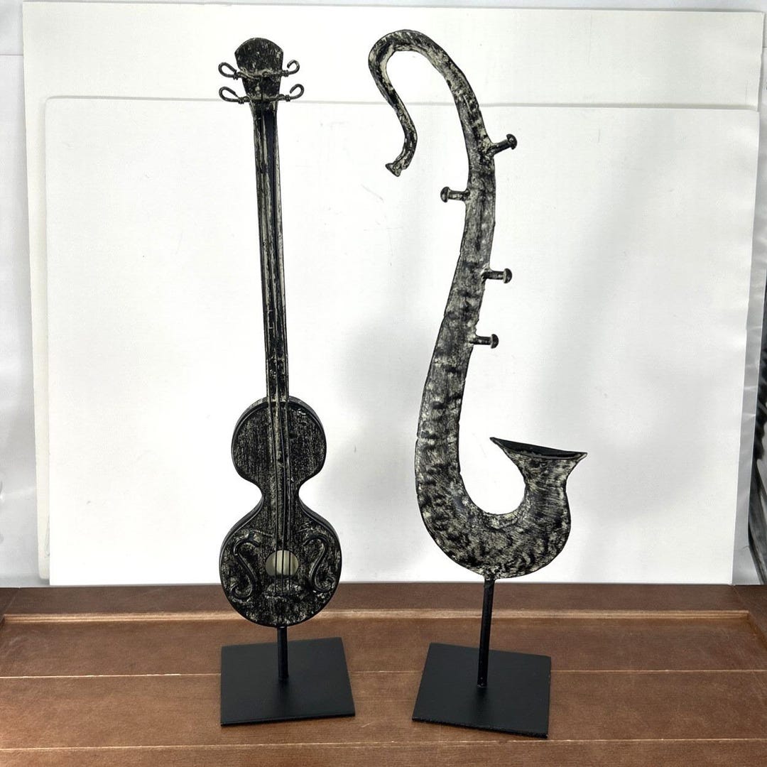 Pier 1 Music Instruments Musician Guitar Saxophone 15" Metal Sculptures ...
