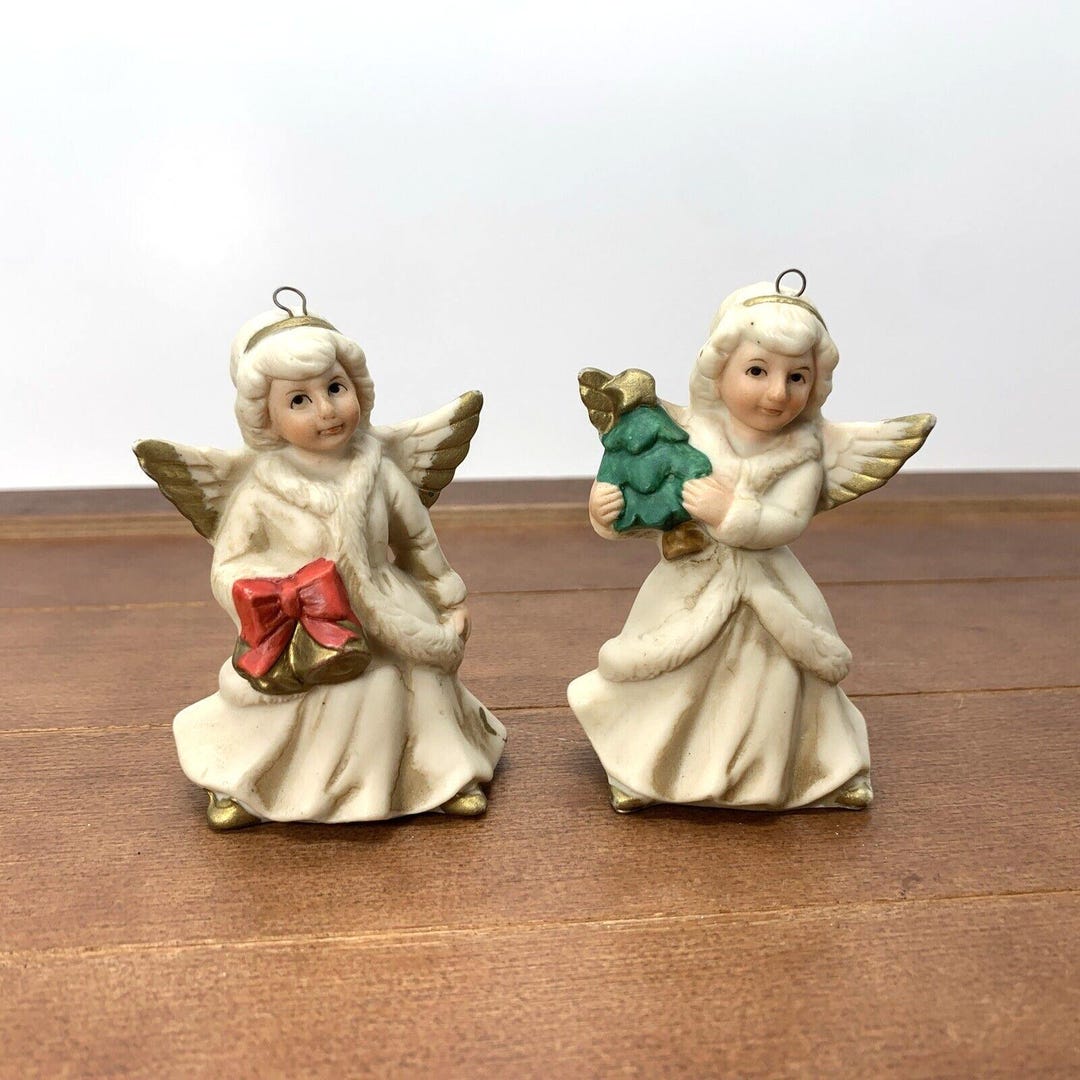 Set of 2 Bisque Porcelain Homco Hand Painted Christmas Angel Figurines ...