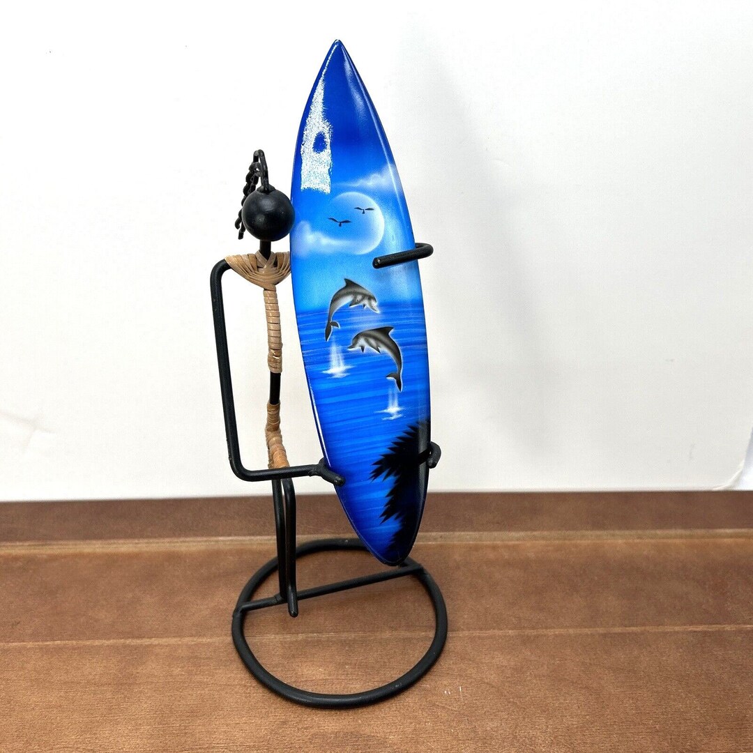 Indonesia 10 Wire Metal Sculpture Surfer Blue Wood Surfboard Dolphin ...