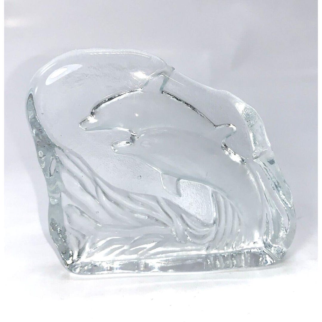 Glass Dolphin Paperweight 3" Clear Etched Ocean Sea Life Figurine ...