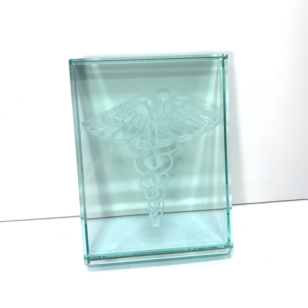 Medical Caduceus Hand Carved Etched Green Glass 4" Paperweight Office ...