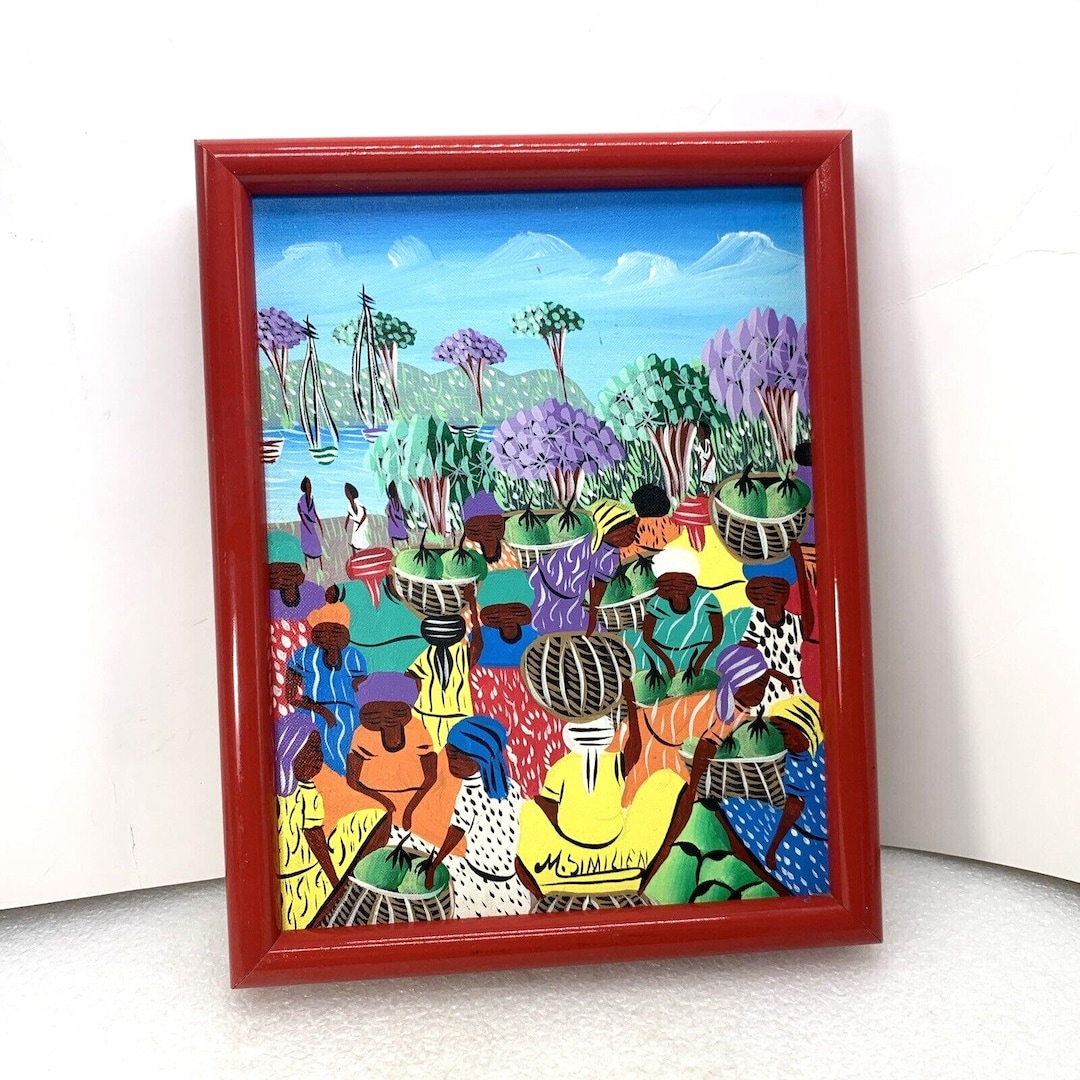 1950s M. Similien Framed 11x9 Oil Painting Haitian Women Farmers Market ...